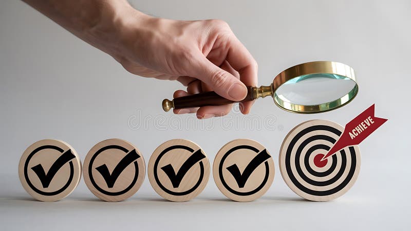 Achieving Goals Magnifying a Target Aiming Arrow and Checked Steps with ...