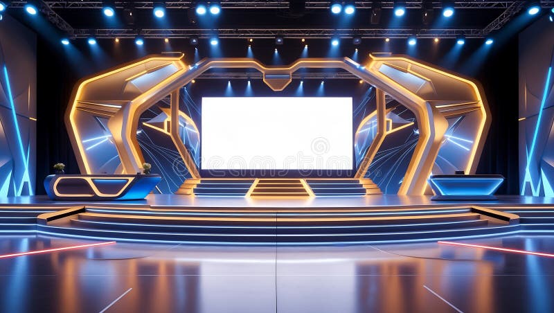 Futuristic Presentation Stage with Blank Screen Illuminated by Modern ...