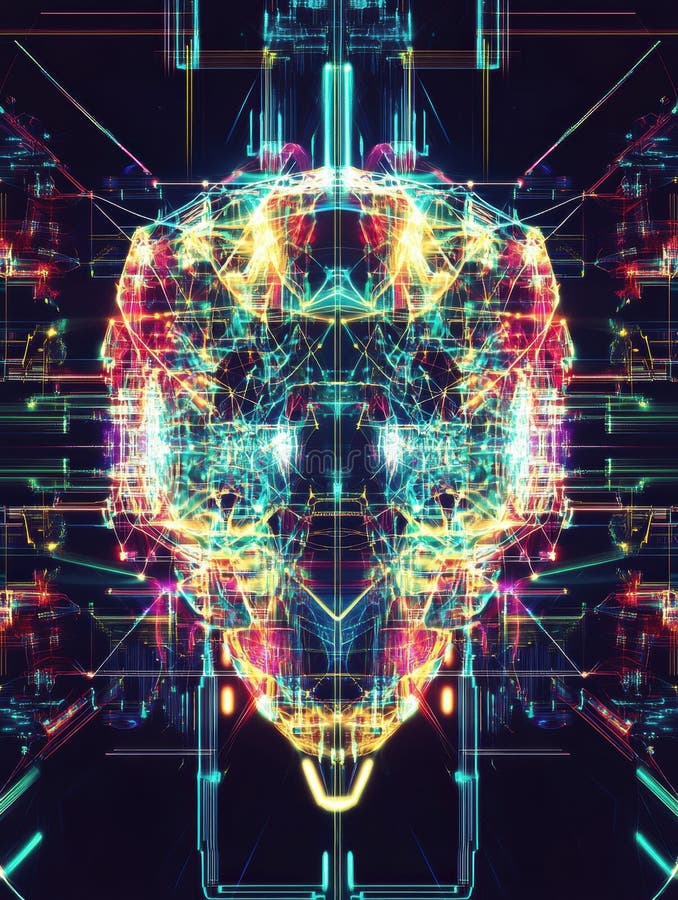 Visualizes a Digital Brain Constructed with Colorful Lines and Patterns ...