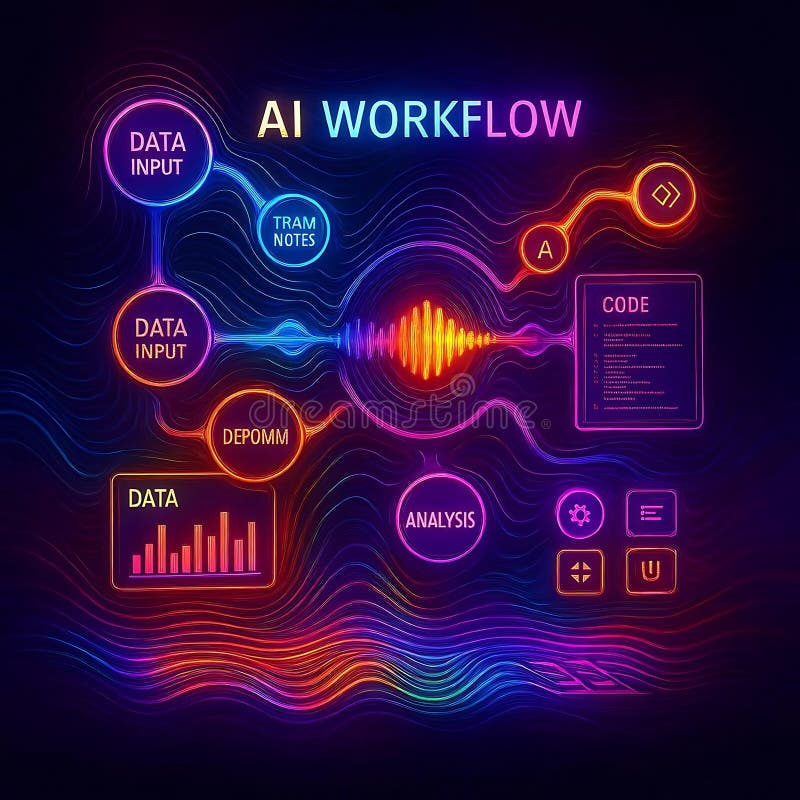 Visualizing the Artificial Intelligence Workflow with Neon Lights Stock ...
