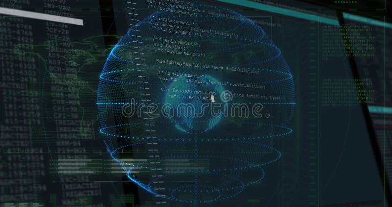 Visualizing Blue Digital Globe Ringed by Data, Spinning on Dashboard Showing Code Snippets ...