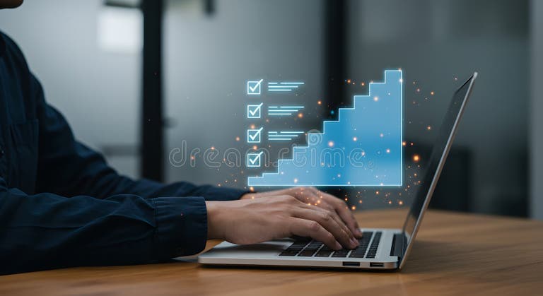 Business Growth Strategy Checklist on Laptop for Project Management and ...