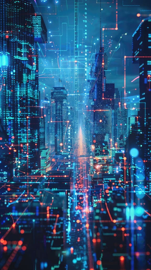 Visualizing Complex Data and AI Insights through a Hologram in a Futuristic Cityscape. AI ...