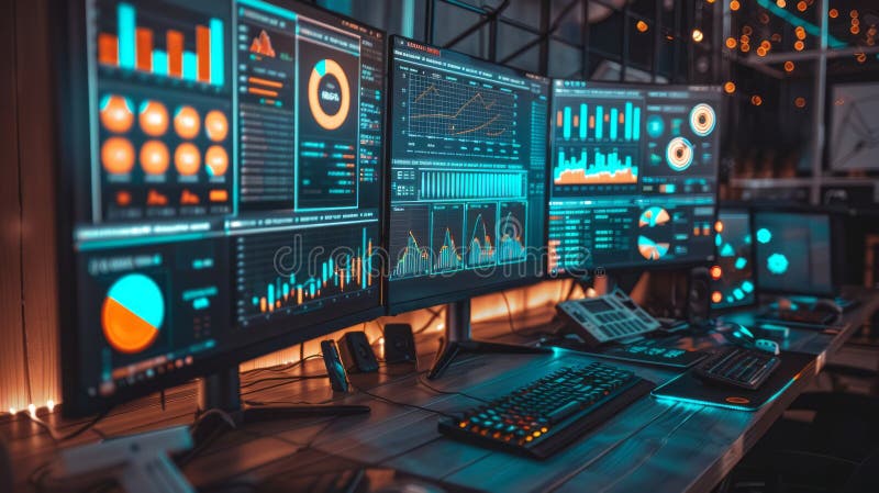 Visualizing Complex Data Multiple Computer Screens Display Diverse