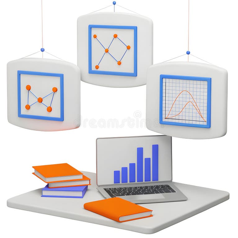 Visualizing Data: Graphs, Charts, and Books on a Desk. a 3D Render of Progress and Knowledge ...
