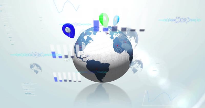 Visualizing Global Data with Location Markers and Graphs Over Rotating Globe Animation Stock ...