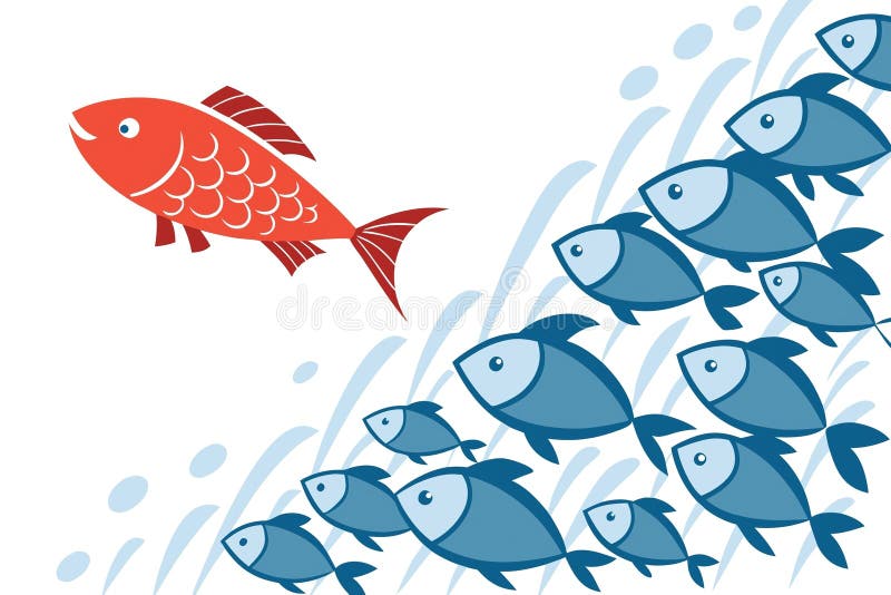 Red Fish Against Blue.Individuality and Disruption Stock Illustration ...