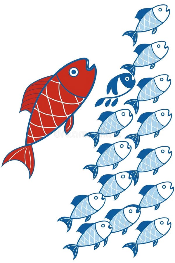 Red Fish Against Blue.Individuality and Disruption Stock Illustration - Illustration of ...