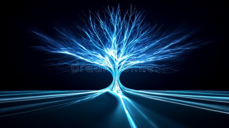 Visualizing a Wireframe Digital Tree with Glowing Branches at Night ...