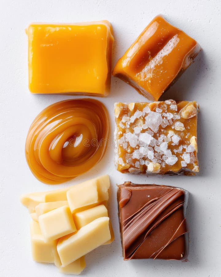 Assorted Caramel Candies Arranged Artistically on a Light Surface ...