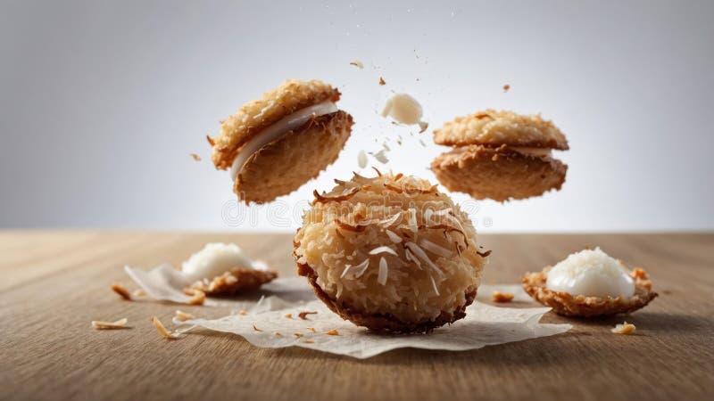 Delicious Coconut Macarons Falling on Wooden Table Stock Illustration ...