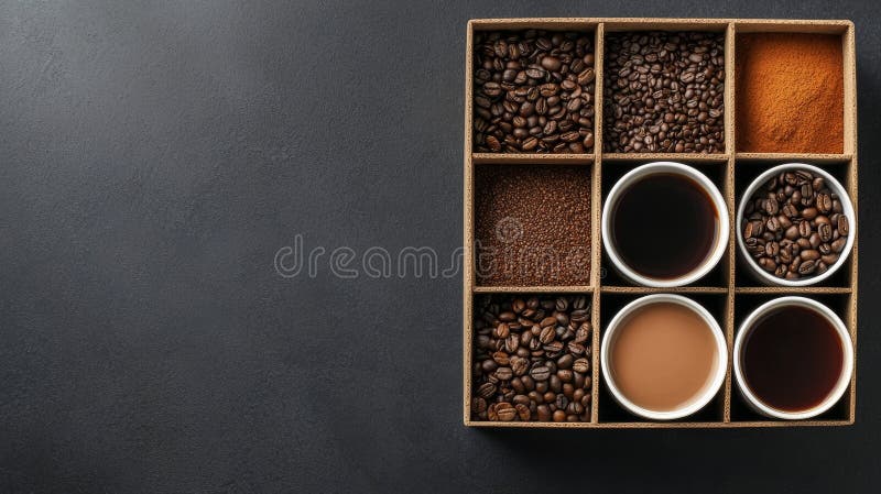 Coffee Varieties and Accessories on Dark Background Stock Illustration ...