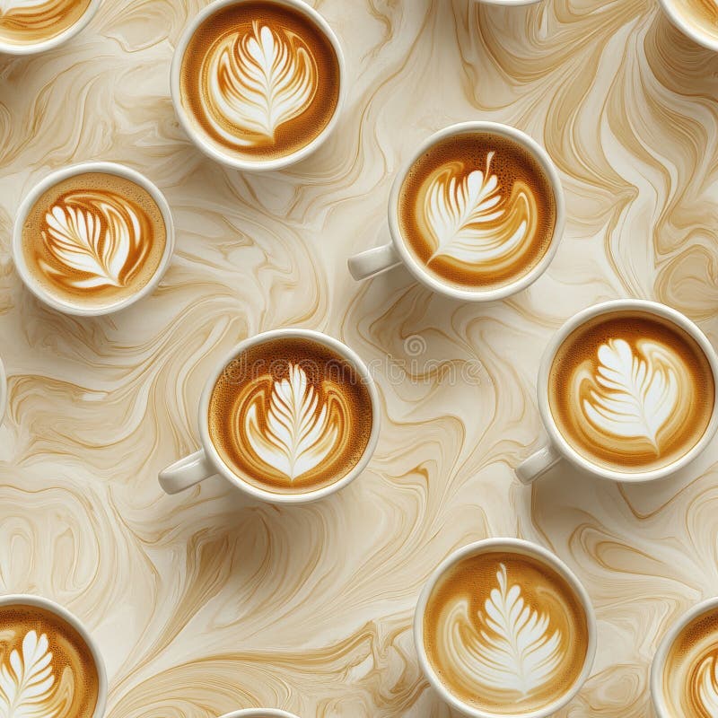 A Visually Appealing Arrangement of Coffee Cups with Intricate Latte Art on a Creamy Marbled ...