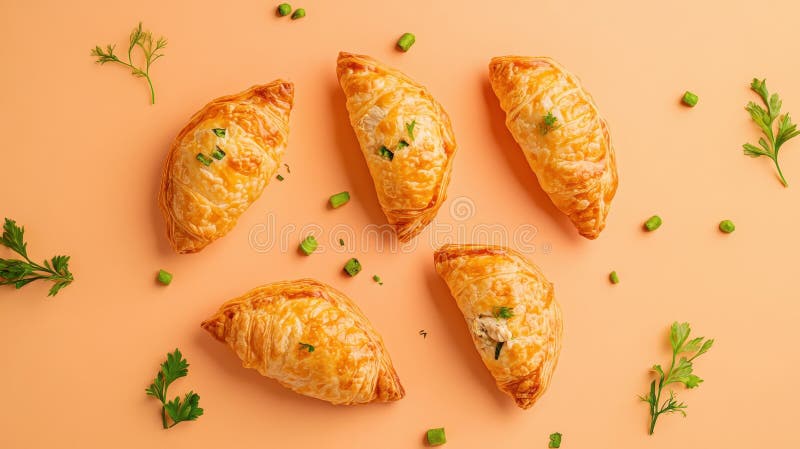 A Visually Appealing Arrangement of Five Golden Pastries on a Soft ...
