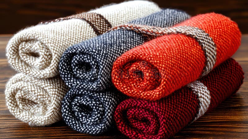 Rolled Textiles in Neutral and Vibrant Colors on Wooden Surface for ...