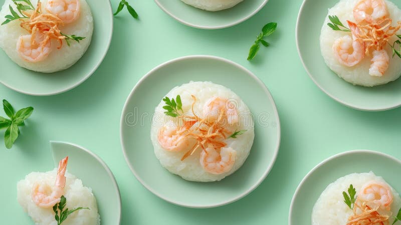 A Visually Appealing Arrangement of Shrimp on Rice Served on Small ...