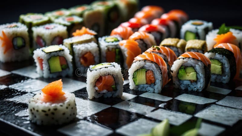 A Visually Appealing Arrangement of Various Sushi Rolls on a Dark ...