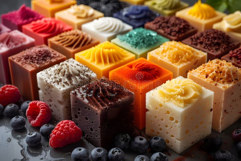 Assorted Square Cakes and Pastries with Vibrant Toppings and Fresh ...