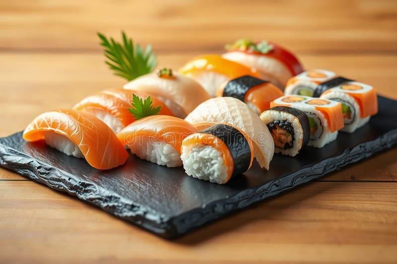 Delicious Sushi Platter with Nigiri and Maki Rolls, Arranged on a Dark ...