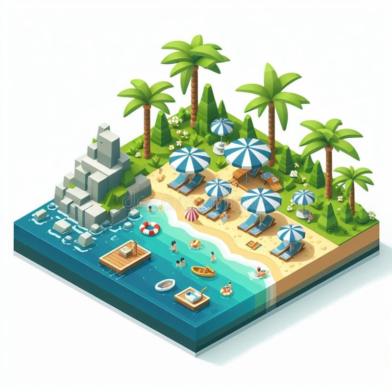 Beautiful Beach Cartoon Isometric Modern,detailed, with White ...