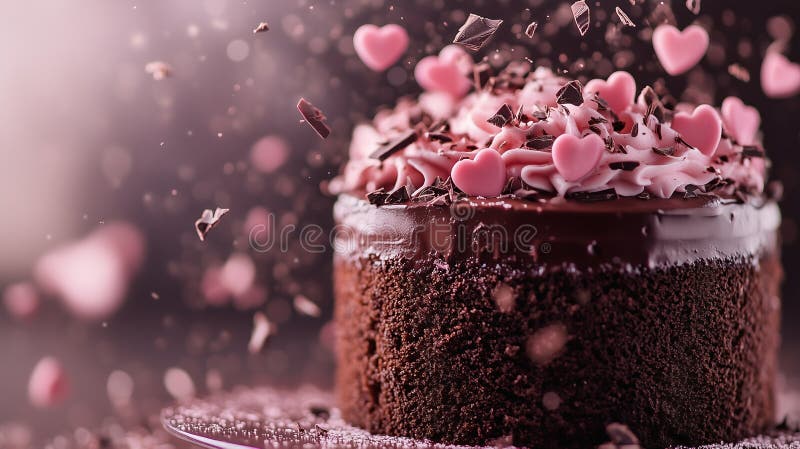 Visually Appealing Chocolate Cake Decorated with Pink Hearts Stock ...