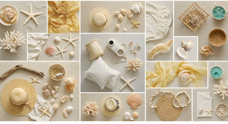 Coastal Summer Still Life Collage: Seashells, Straw Hats & Textiles ...
