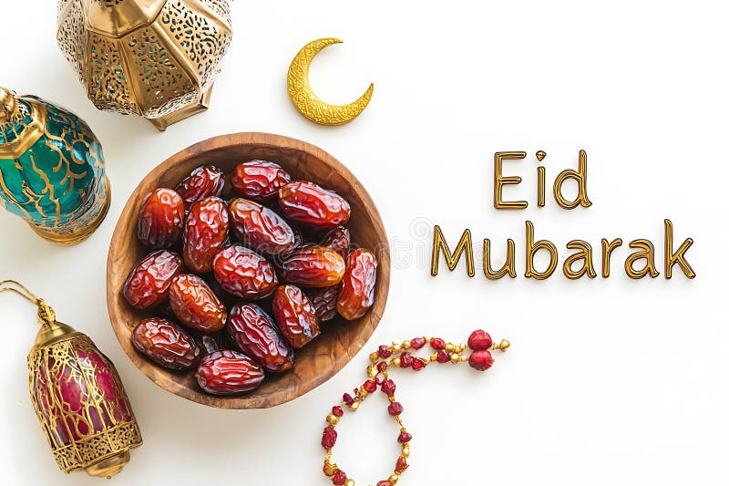 Eid Mubarak Festive Dates, Lanterns & Crescent Moon for Islamic Holiday ...