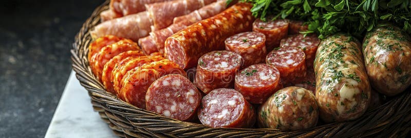 Assorted Cured Meats Arranged in a Woven Basket Stock Illustration ...