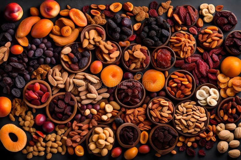 A Visually Appealing Display Capturing a Variety of Dried Fruits Arranged on a Clean Surface ...