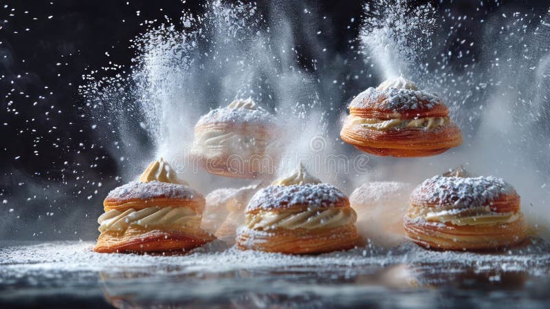 Delicious Cream Puffs Flying in Air with Powdered Sugar Explosion Stock ...