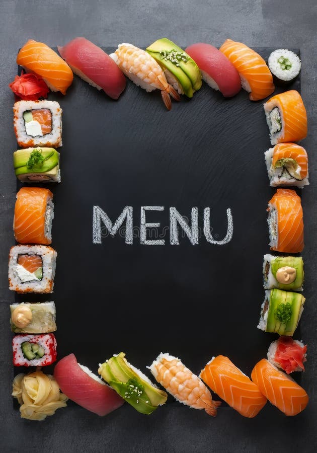 A Visually Appealing Display of Sushi Rolls is Arranged on a Black ...