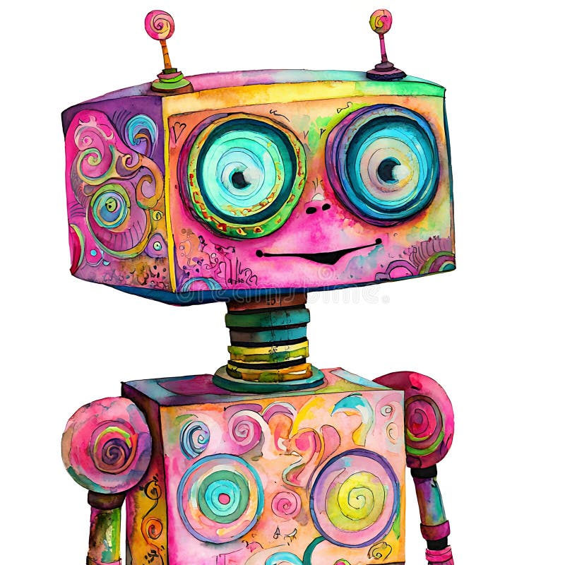 A Funky, Colorful Robot Friend with Whimsical Eyes and Swirling Designs ...