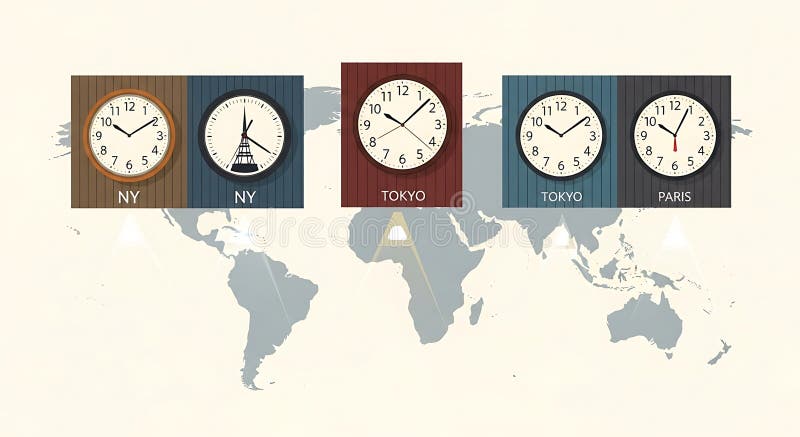 World Time Zones Concept: Clocks and Global Map Stock Illustration ...