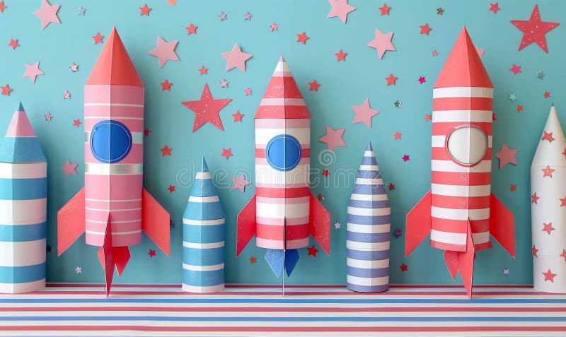 Red, White, and Blue Paper Rockets with Stars on a Patriotic Themed ...
