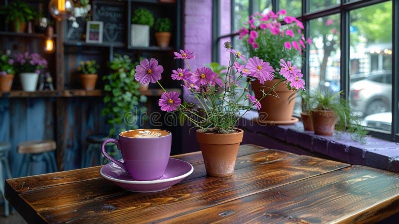 Cup of Coffee on Wooden Table. Purple Cafe Aesthetic Stock Photo ...