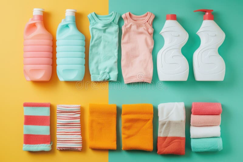 Colorful Array of Laundry Supplies and Garments on a Vibrant Split ...