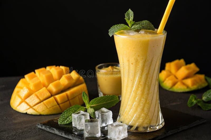 Healthy Mango Smoothie with Ripe Chunks and Mint Garnish Stock ...