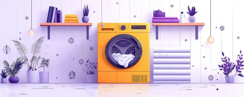 Modern Laundry Room Vibrant Yellow Washing Machine Minimalist Interior ...