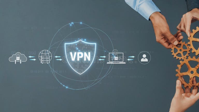 Hands Collaborating on VPN Security Concept with Gears, Cloud ...