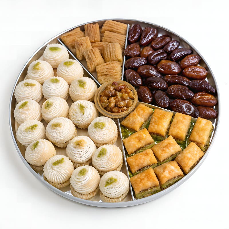 Round Golden Tray Displaying Assorted Middle Eastern Sweets with Dates ...