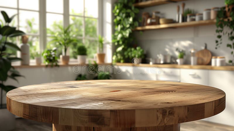 Visually Appealing Round Wooden Tabletop Counter Placed within a ...