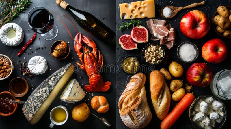 A Visually Appealing Split Screen Showcasing Luxurious Gourmet Foods ...
