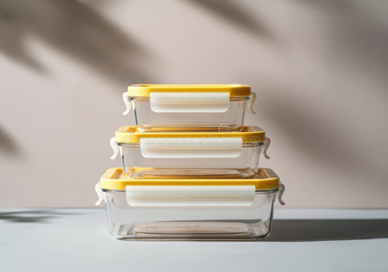 Stack Glass Food Storage Containers Yellow Lids Clean Surface Stock ...