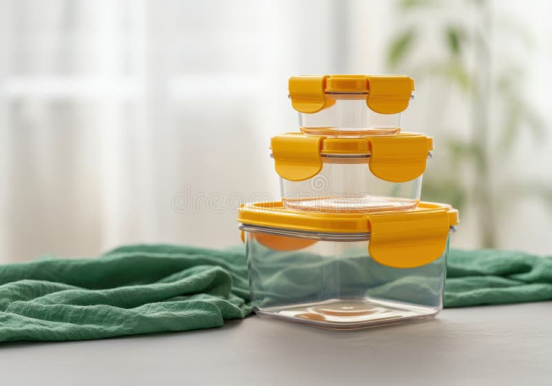 Stack of Glass Food Storage Containers with Yellow Lids on a Kitchen ...