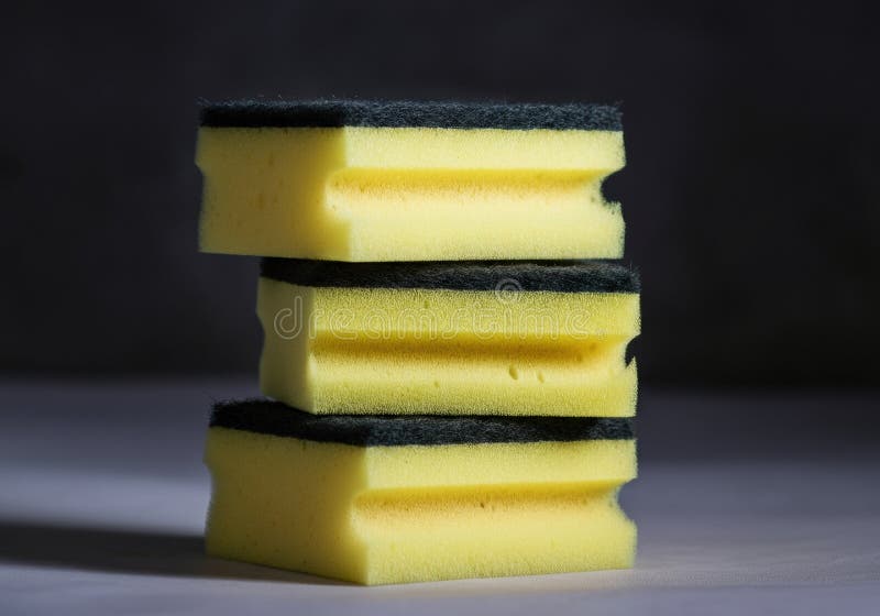 Stack of Three Yellow and Green Cleaning Sponges on a Neutral ...