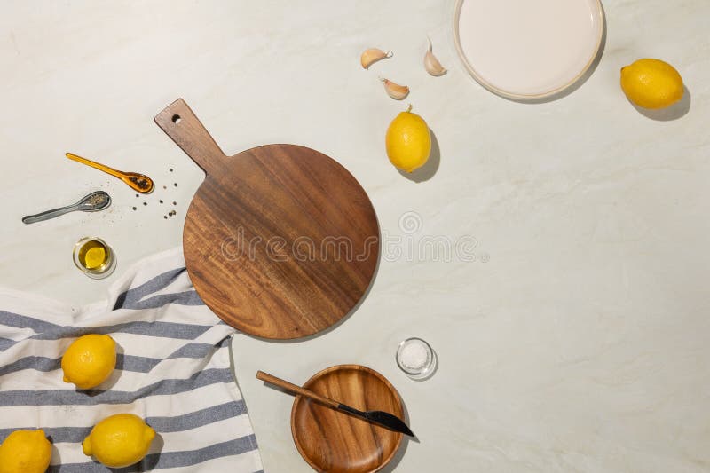 A Visually Balanced Kitchen Flat Lay Featuring Lemons, Garlic, Spices ...