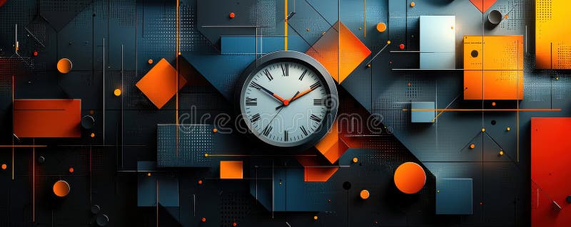 Abstract Geometric Design with Clock and Vibrant Orange and Blue Shapes ...
