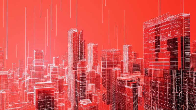Red Digital Cityscape with Complex Architectural Details Stock Photo ...