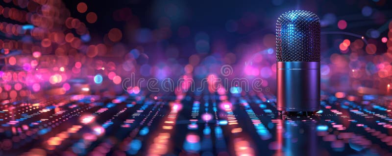 Modern Microphone on a Neon-lit Audio Mixer in a Futuristic Studio ...