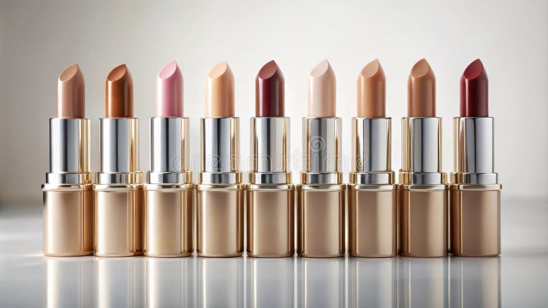 A Row of Eight Elegant Lipstick Tubes in Various Shades and a Deep ...